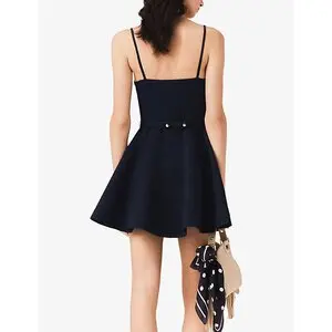 Maje Square-neck Belted Woven Mini Dress - Navy