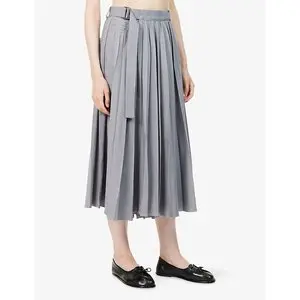 Sacai Pleated Contrast-denim Cotton Midi Skirt