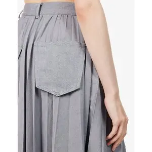 Sacai Pleated Contrast-denim Cotton Midi Skirt