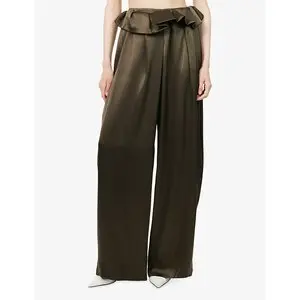 Khaite Kira Frilled Silk Trousers - Dark Olive