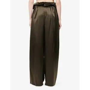 Khaite Kira Frilled Silk Trousers - Dark Olive