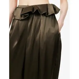 Khaite Kira Frilled Silk Trousers - Dark Olive