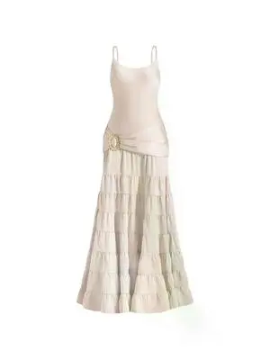 Manière De Voir Satin Tiered Maxi Dress With Sash - Neutrals