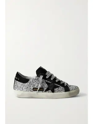 GOLDEN GOOSE Superstar Distressed Glittered Leather And Suede Sneakers