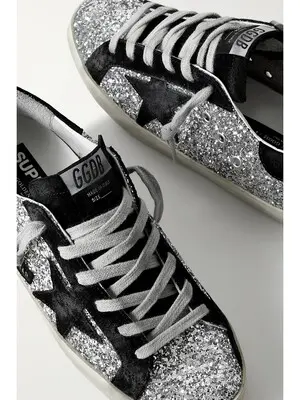 GOLDEN GOOSE Superstar Distressed Glittered Leather And Suede Sneakers