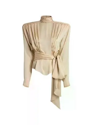Balmain Silk Chiffon Blouse With Padded-shoulders And Tie - Neutrals