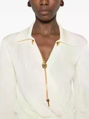 Elisabetta Franchi Ribbed Midi Dress With Gold-tone Padlock Charm - Neutrals