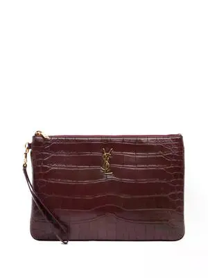 Saint Laurent 2022 Croc Embossed Calfskin Monogram Tablet Pouch Clutch Bag - Red