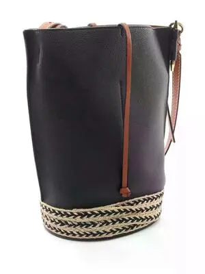 Loewe 2010-2026 Raffia Trimmed Leather Anagram Gate Bucket Bag - Black