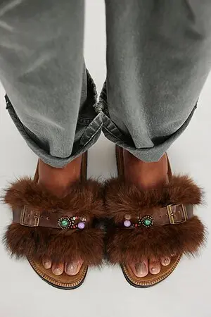 FP COLLECTION Faux Fur Slide Sandals With Embellished Buckle - Brown