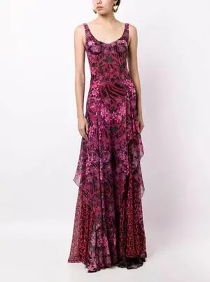 Versace Orchid Barocco-print Ruffled Silk Dress