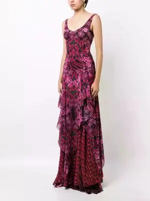 Versace Orchid Barocco-print Ruffled Silk Dress