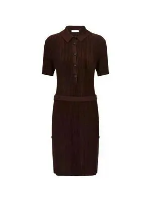 FERRAGAMO Knitted Ribbed Polo Dress With Belt - Brown