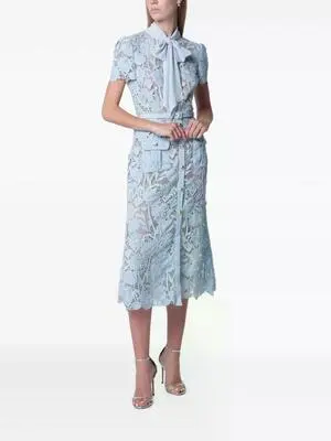 SELF-PORTRAIT Guipure Lace Tie-neck Midi Dress - Blue