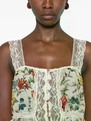 Alice + Olivia Floral Print Lace Trim Blouse - Neutrals