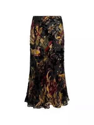 Etro Silk-blend Burnout Velvet Midi Skirt With Flower And Animal Motif - Black