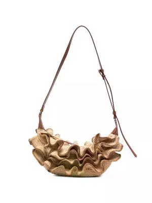 Zimmermann Goldentime Ruffled Raffia Shoulder Bag Neutrals