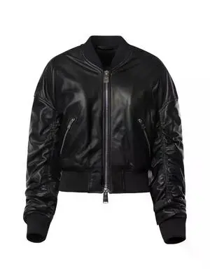 DONDUP Ruched Leather Bomber Jacket - Black