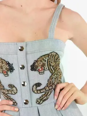 Philipp Plein Embellished Pleated Denim Mini Dress