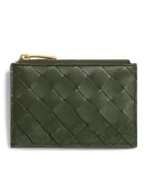 Bottega Veneta Leather Intrecciato Zipped Card Holder - Green