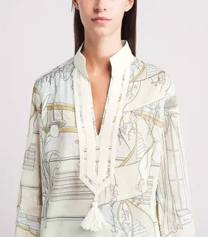 Tory Burch Printed Plunge-neck Mini Dress - Beige