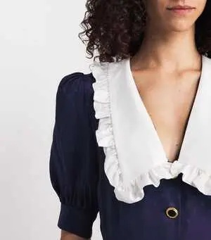 Alessandra Rich Silk Jacquard Mini Dress With Ruffled Collar - Navy