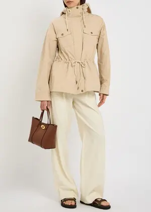 Moncler Serin Hooded Drawstring Waxed Poplin Parka Jacket - Beige