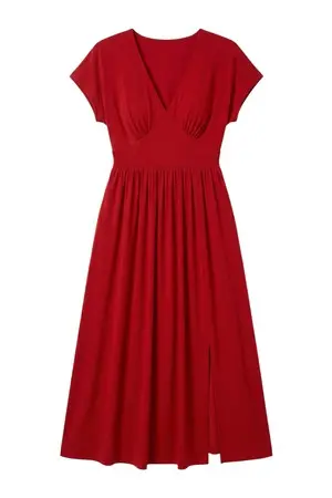 LOUCHE Unity Linen Mix V-neck Midi Dress - Red
