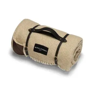 HEATING & PLUMBING LONDON Pure New Wool Waterproof Picnic Blanket The Blenheim Short Black Strap - Brown