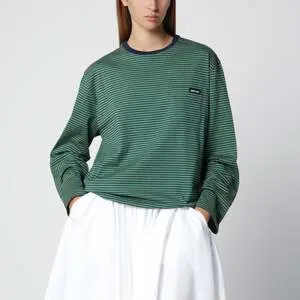 Miu Miu Navy /green Striped Cotton Sweater - Blue