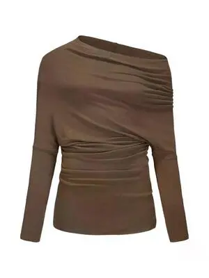 ELYWOOD Asymmetric Draped Off-shoulder Long-sleeved T-shirt - Brown