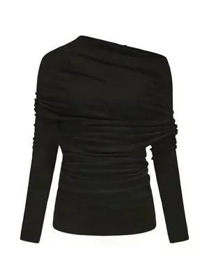 ELYWOOD Asymmetric Draped Off-shoulder Long-sleeved T-shirt - Black