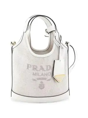 Prada Logo Tote Linen Blend Small Bucket Bag - Neutrals