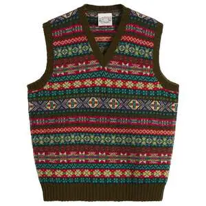 JAMIESON'S OF SHETLAND Fair Isle V-neck Vest - Olive