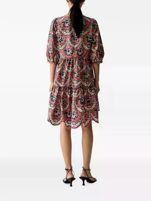 Farm Rio Tiered Mini Dress With Floral Print And Scalloped Hem