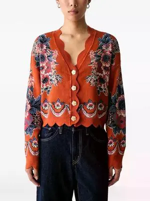 Farm Rio Floral-intarsia Scallop-edge Cardigan - Orange