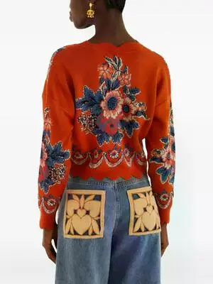 Farm Rio Floral Intarsia Scallop-edge Cardigan