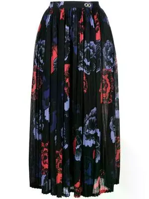 FERRAGAMO Floral-print Pleated Midi Skirt - Black
