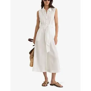 REISS Sleeveless Belted Cotton Midi Dress
