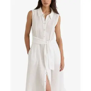 REISS Sleeveless Belted Cotton Midi Dress