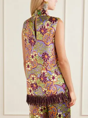 ALEMAIS Joanna' Printed Satin Tank With Beaded Fringe - Black