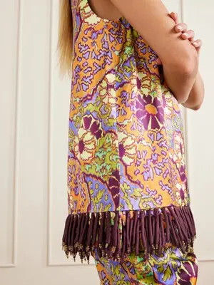 ALEMAIS Joanna' Printed Satin Tank With Beaded Fringe - Black