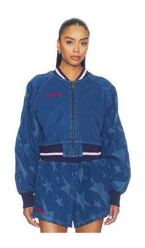 ADIDAS ORIGINALS Superstar Denim Graphic Varsity Bomber Jacket In . Also - Blue