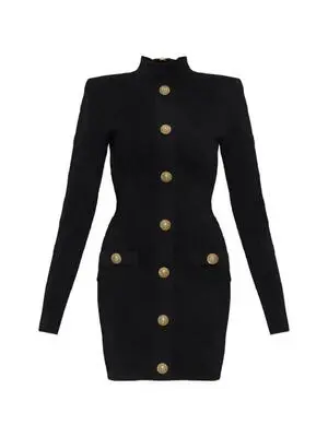 Balmain Button-embellished Diamond-knit Mini Dress - Black