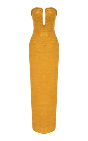MARMAR HALIM Strapless Plissé Column Gown With Detachable Cape - Yellow