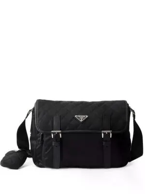Prada Large Quilted Re-nylon Shoulder Bag With Saffiano Trim - Black