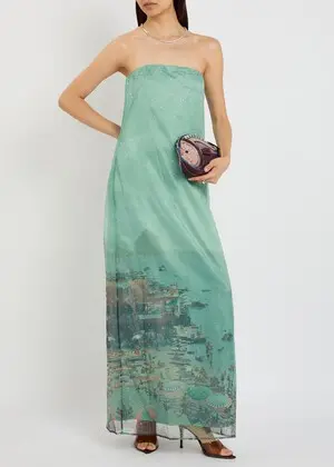 Staud Amara Printed Embellished Organza Maxi Dress - Blue