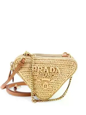 Prada Triangle Logo Zip Around Shoulder Bag Raffia And Leather Mini Crossbody Bag - Neutrals