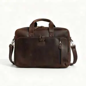 TOURI Genuine Leather Briefcase With Front Leather Patch Dark - Brown