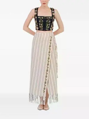 Agua Bendita Maria Valle Floral-embroidered Striped Pareo Maxi Skirt - Neutrals